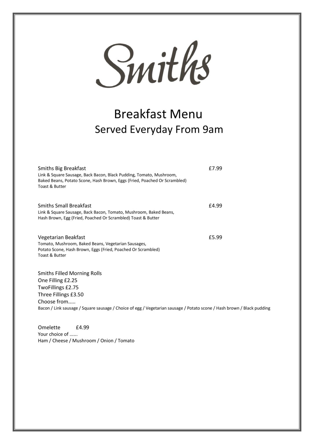 Menus - Smiths Ayr