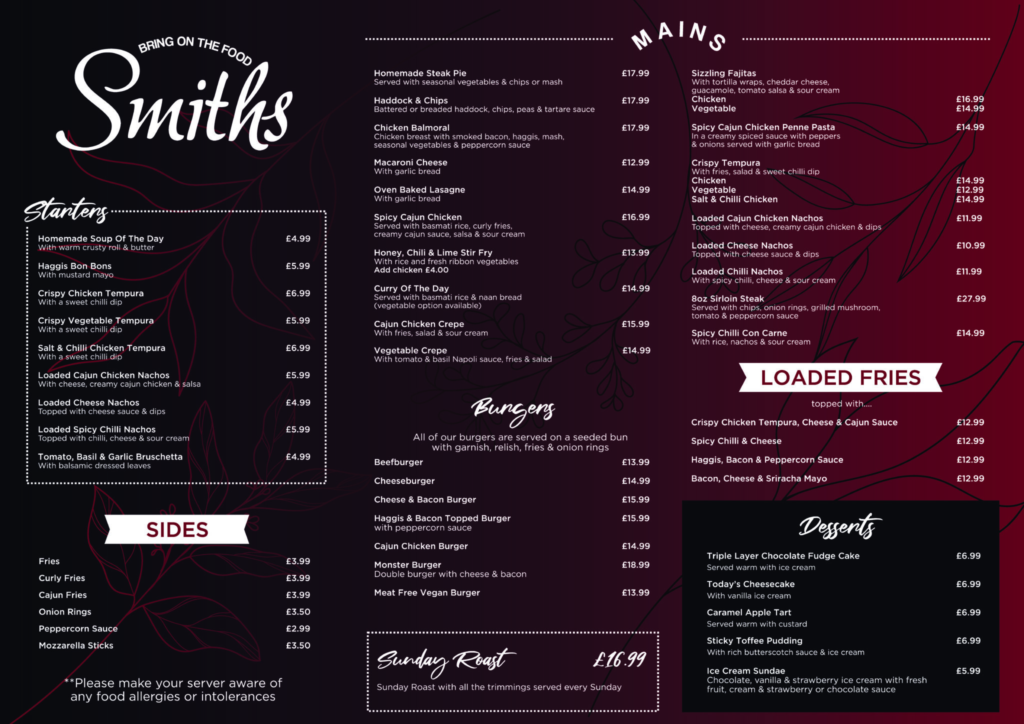 Menus - Smiths Ayr