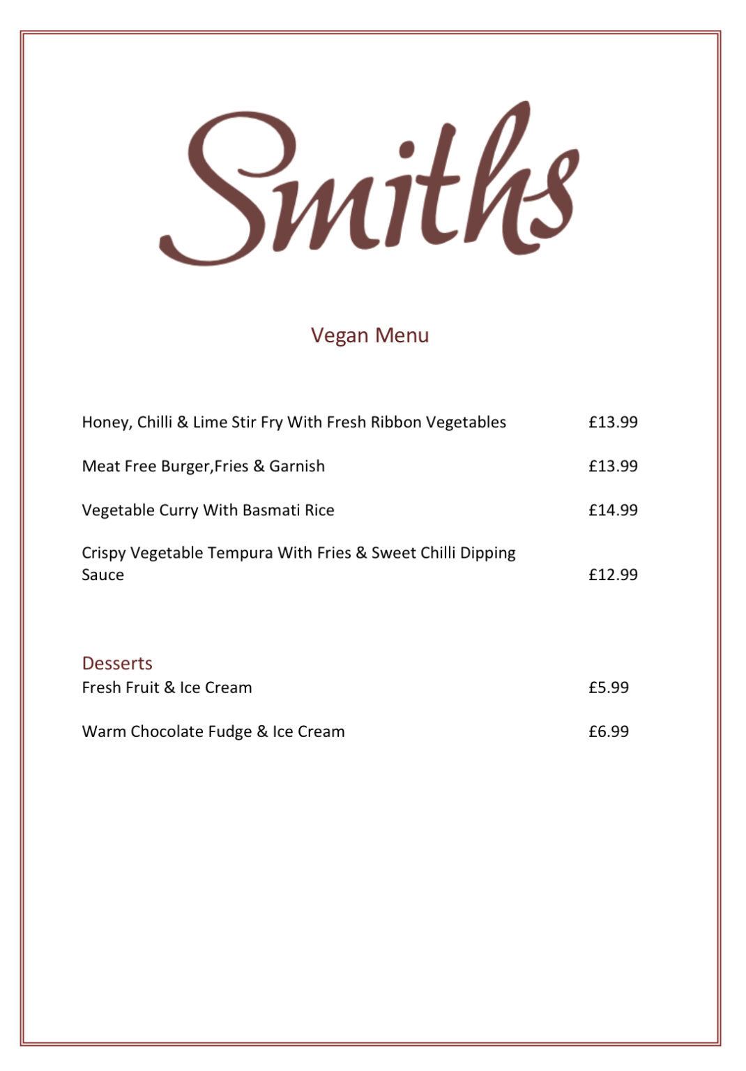 Menus - Smiths Ayr